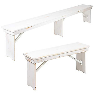 Flash Furniture HERCULES Series 8' x 40" Antique Rustic White Folding Farm Table and Four Bench Set