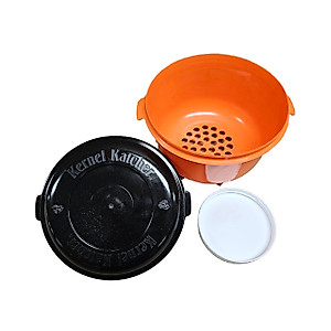APSI Store Kernel Katcher Popcorn Bowl Set - Popcorn Sifter Shaker Kernel Catcher and Separator, Large and Reusable With Lid, Dishwasher Safe, Recycled Plastic with Handle (Orange and Black)