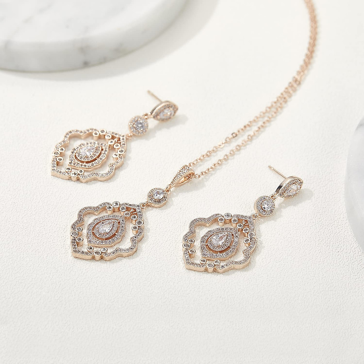 SWEETV Wedding Jewelry for Bride, Rose Gold Necklace and Earrings Jewelry Set, Bridal Jewelry Set for Wedding Party Costume