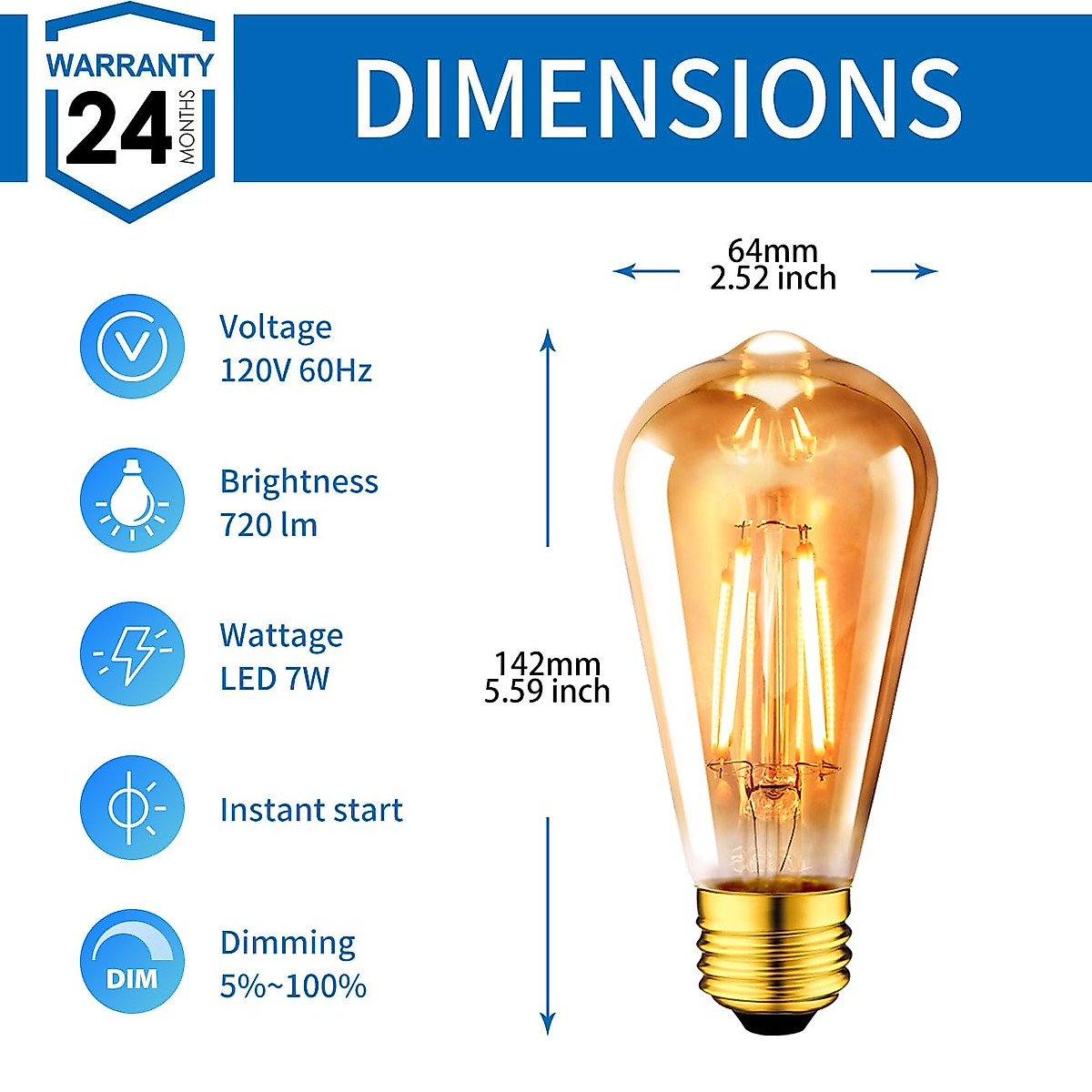 ANWIO Vintage Edison Light Bulb ST21 LED Filament Bulb 7W(60 Watt Equivalent) Dimmable 2500K (Amber Glow) Warm White E26 Medium Base, Amber Glass Cover,6 Pack