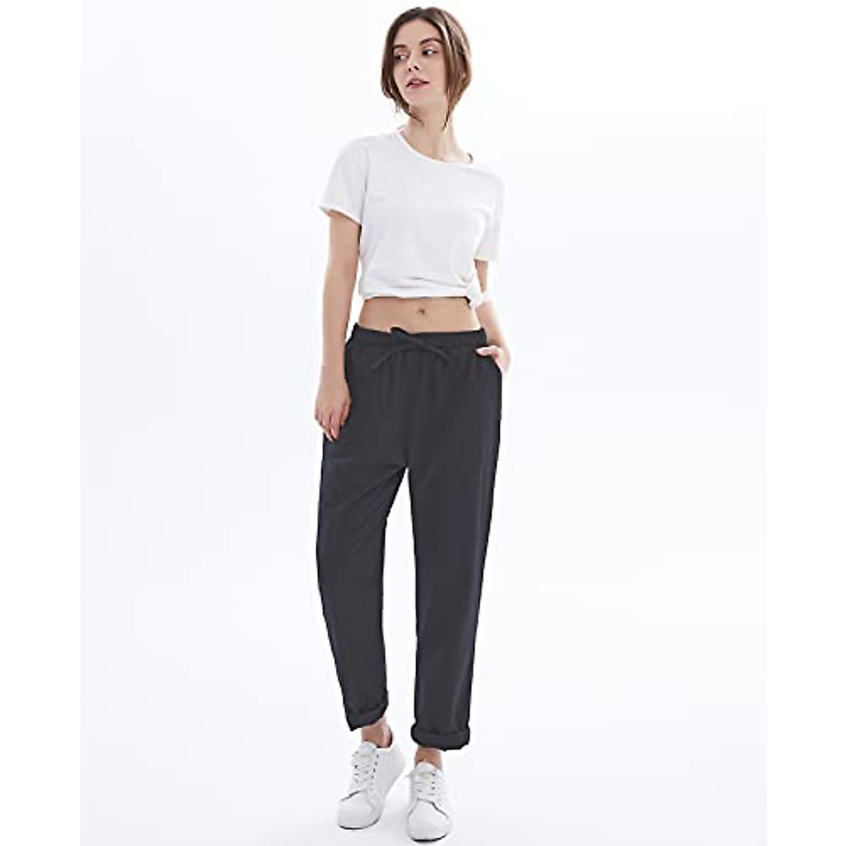 Lisskolo Women's Drawstring Linen Pants Women Cotton Elastic Waist Wide Leg Cropped Pant X-Large Black