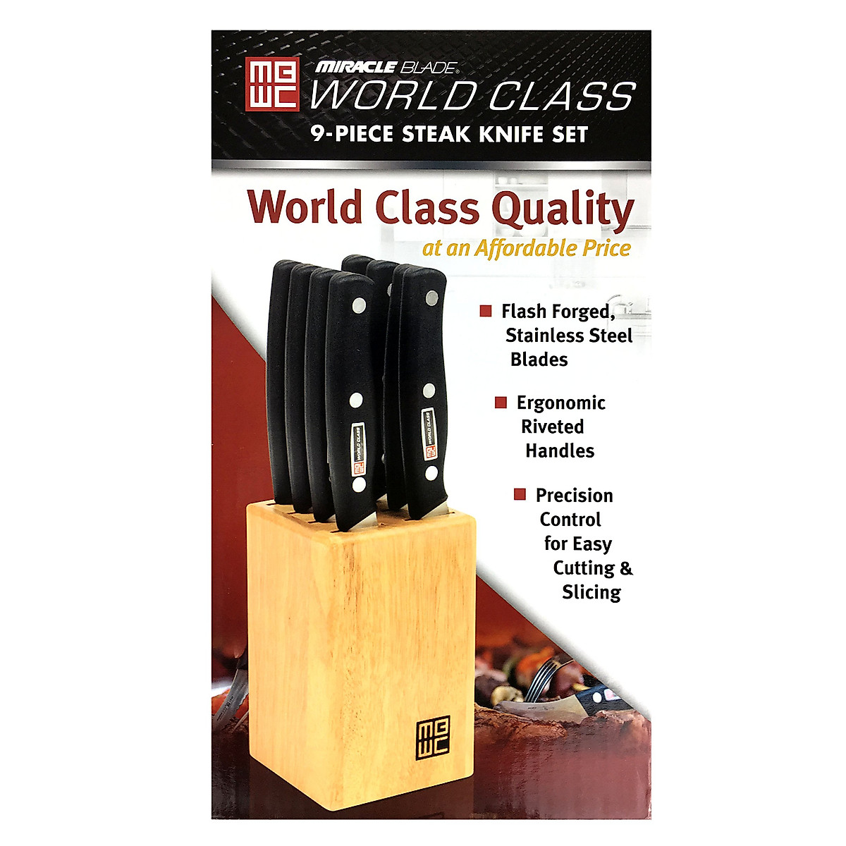 Miracle Blade World Class Quality 4'' Steak Knife Set, 9 Piece: 8 Steak Knives with a Mini Wood Block