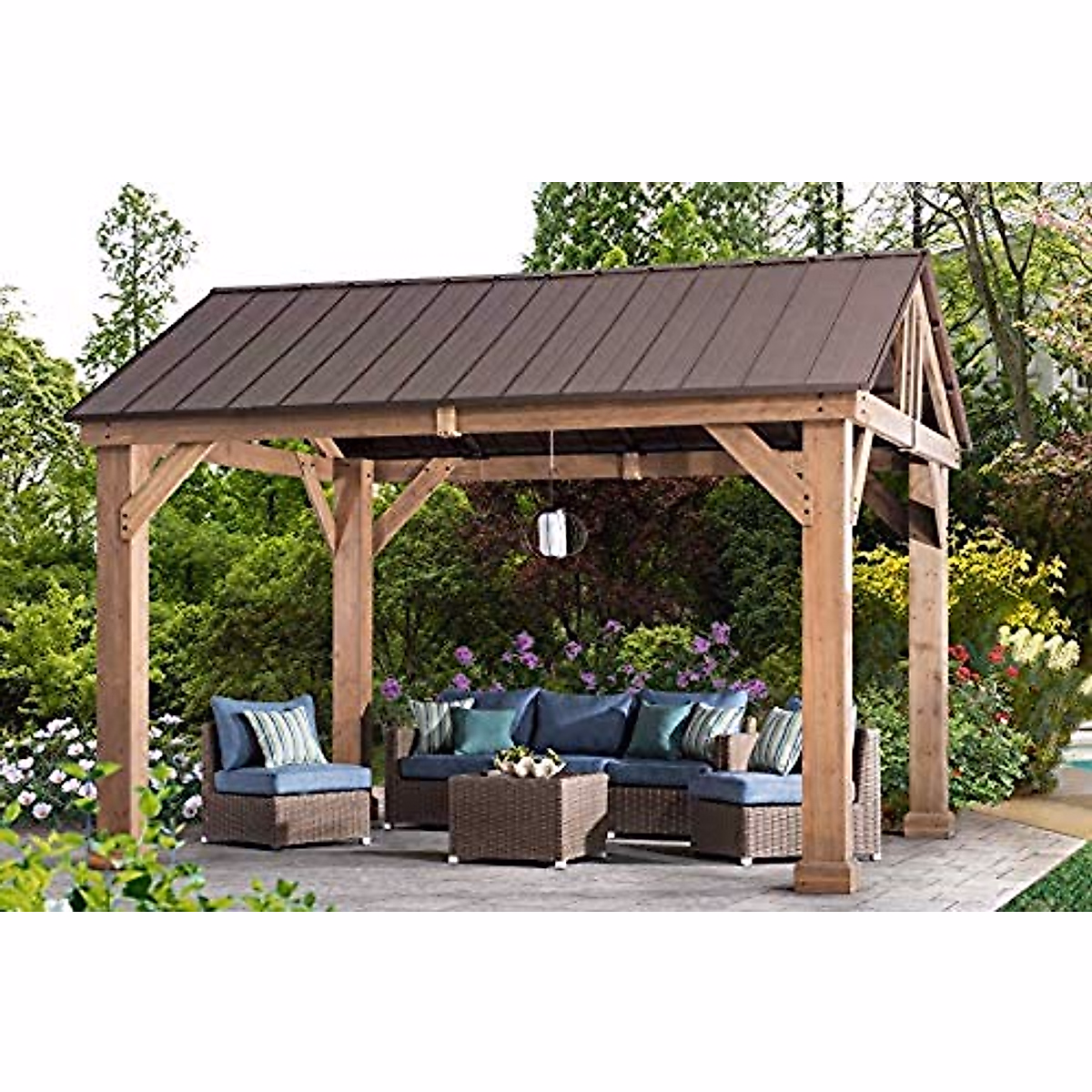 Coen L-GZ1171PWD-B Hudson Cedar Wood Pavilion with Hardtop, Gazebo, 14'x12', Natural/Brown