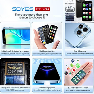 SOYES XS15 Mini Smartphone 3.0 Inch 3G WCDMA MTK6580 Quad Core Android 8.1 Mobile Phone WiFi GPS 2GB RAM 16GB ROM Dual Sim Google Play Cute Card Cellphone (Blue)