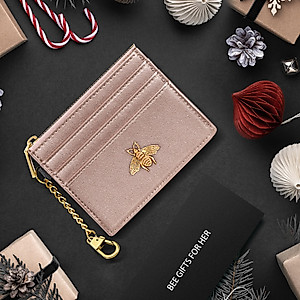 SEAVILIA Card Holder Keychain Wallet for Women with ID Window RFID Coin Purse Bee Gifts Slim Minimalist Small Wallet