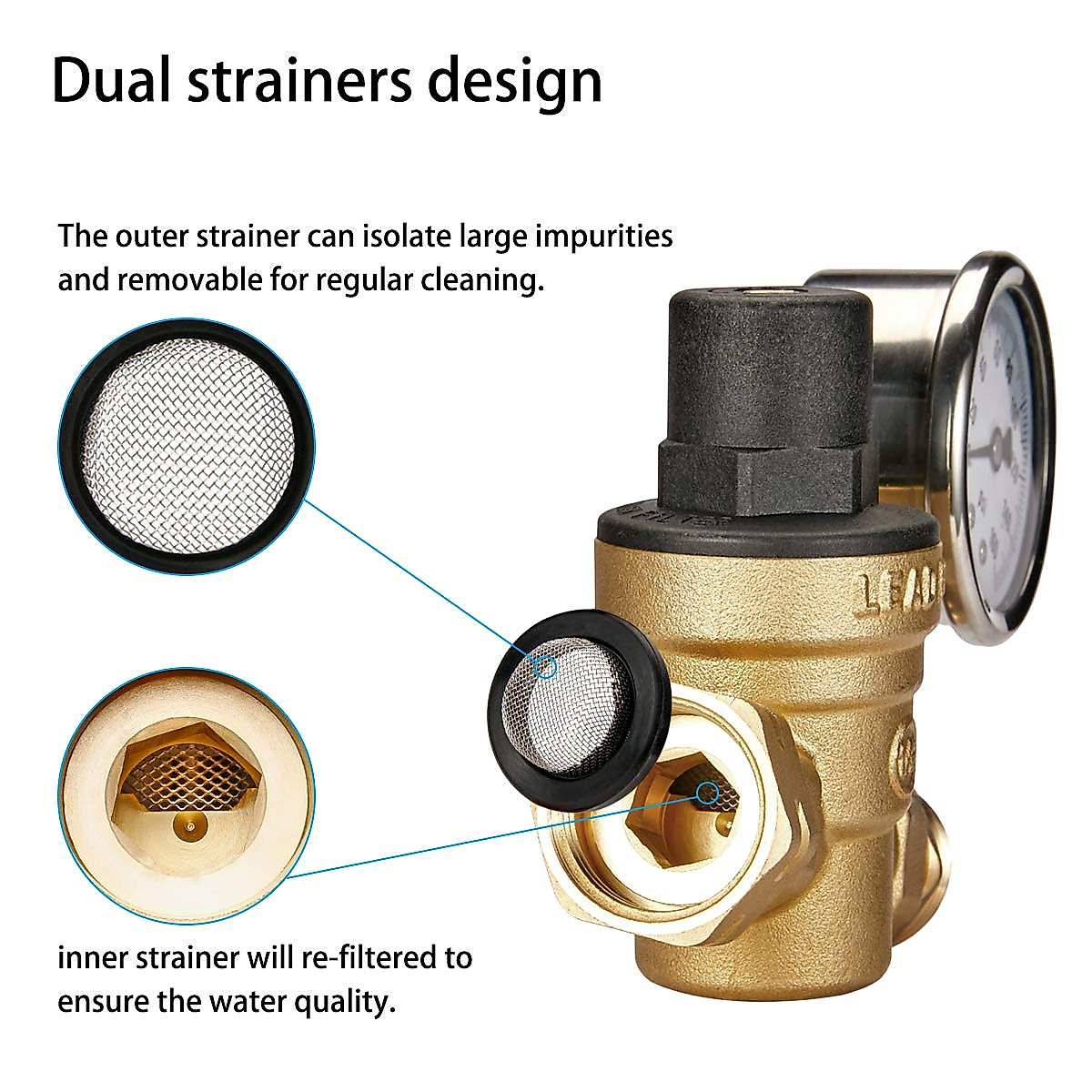 Esright Brass Water Pressure Regulator 3/4 Lead-Free with Gauge for RV Camper Adjustable Water Pressure Regulator,Build-in Oil (NH Threads)