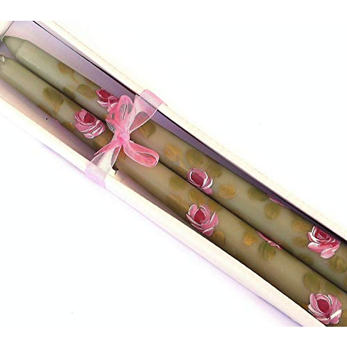 Dripless Unscented Olive Sage Green Romantic 10 Inch Long Taper Dinner Candles Set with Painted Pink Roses