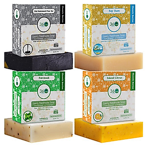 360 Feel Men's Soap bar Handmade -Masculine fragrance-, Patchouli, Pine Tar with Charcoal Beeswax,Citrus - Gift pack- Natural Men Soap- Gift for him Bay Rum, 4 Count (Pack of 1)