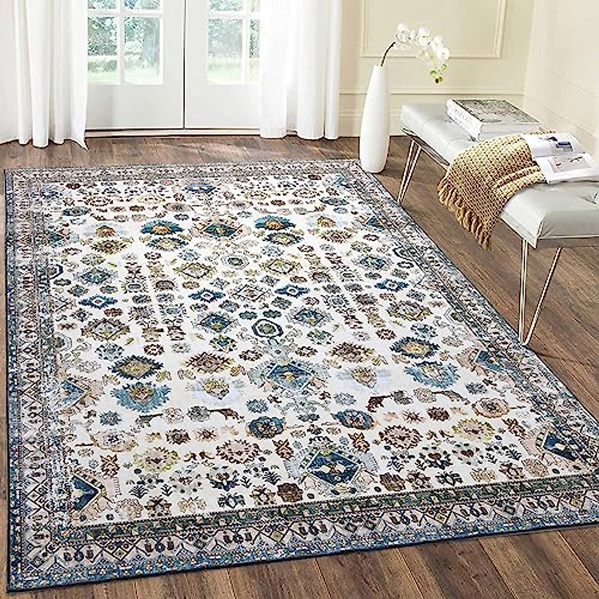 RUGSREAL 9x12 Blue Area Rug, Traditional Washable, Vintage Distressed, Kitchen Floor Cover, Foldable, Indoor Mat