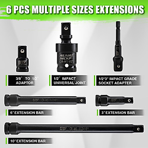 SUNHZ MCKP 20 PCS 1/2" Impact Socket Set, Drive Deep 6 Point Socket Set, Including Standard SAE Sockets (3/8" to 1-1/4"), 3 ", 6", 10" Impact Extension Bar and Drill Socket Adapter, Cr-MO