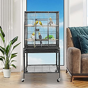 SUPER DEAL 53-Inch Rolling Bird Cage Large Wrought Iron Cage for Cockatiel Sun Conure Parakeet Finch Budgie Lovebird Canary Medium Pet House with Rolling Stand & Storage Shelf