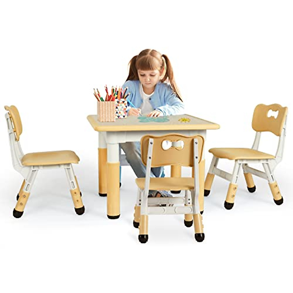 AuAg Kids Table and 4 Chairs Set, Height Adjustable Toddler Study Table and Chair Set for Age 2-10, Multi-Activity Art Table W/Graffiti&Scrubtable Desktop, for Daycare, Classroom, Home (Natural)