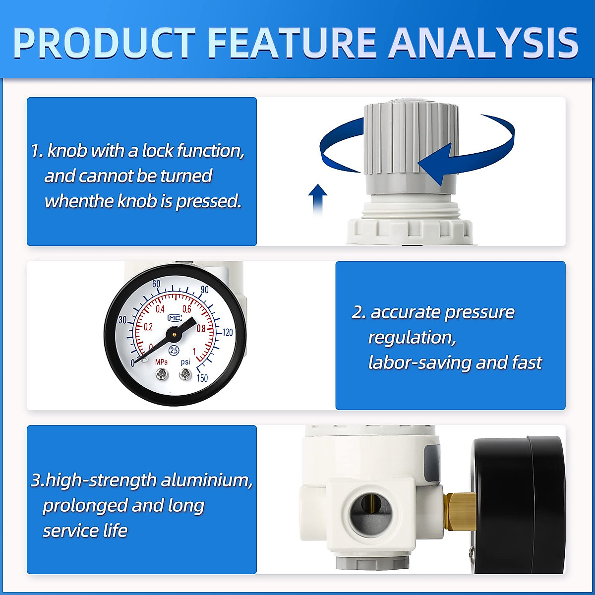 MEANLIN MEASURE 1/4 Inch NPT Air Compressor Regulator with Gauge, 0-150 PSI AR2000 Air Gauge Regulator Inline for Air Compressor and Pneumatic Tools