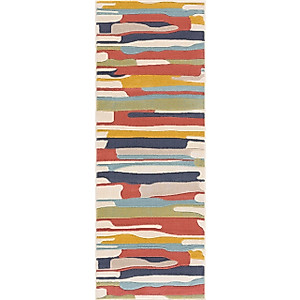 Hauteloom Southfields Modern Farmhouse Contemporary Door Mat Multicolor Small Area Rug - Colorful Rainbow Striped Modern Rug Carpet - Red, Yellow, Blue, Green - 2' x 3'