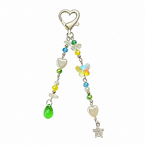QqzsJewls Cute Kawaii Keychain for Women Aesthetic Backpack Saddle Accessories for Her Silver Dangly Bag Charms Beaded Crystal Butterfly Keychain Coin Purse Accessories Car Charm (Green)