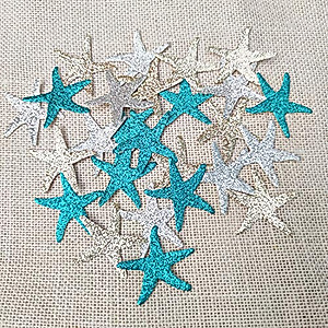 Mybbshower Glitter Paper Starfish Confetti for Birthday Party Table Scatter Beach Theme Party Wedding Decorations DIY Crafts Pack of 150 (teal gold silver)