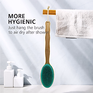 HONOMA Exfoliating Silicone Back Scrubber Brush with Long Handle,Easy to Clean,Bath Body Brush Lathers Easily, Long Lasting, and More Hygienic Than Traditional Loofah Mesh Sponge.