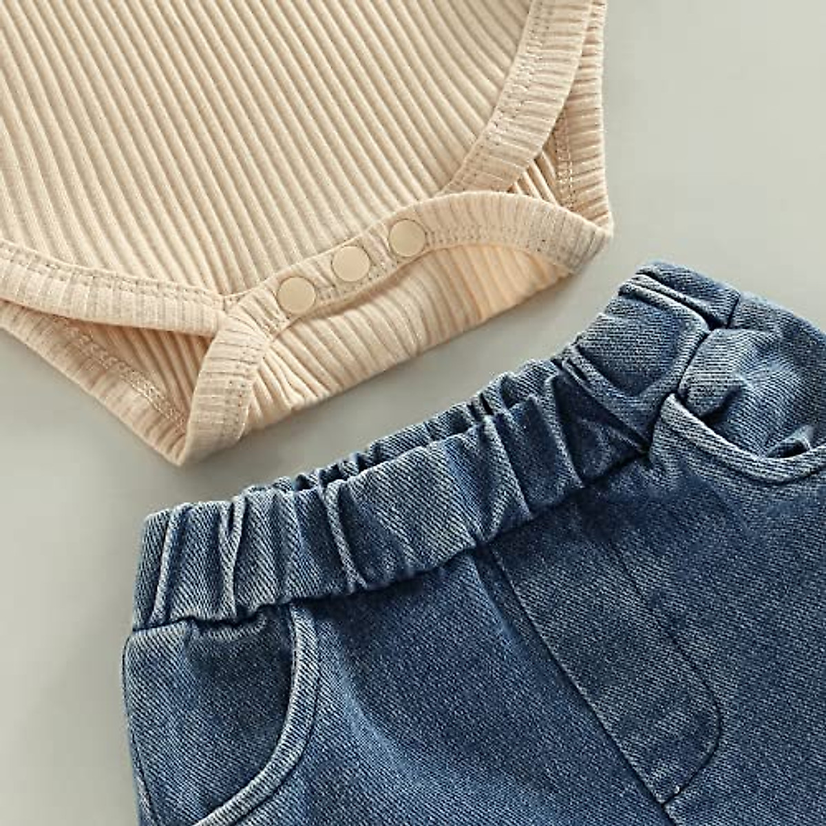 Vintage Baby Girl Clothes Infant Lace Onesie Ribbed Romper+Ruffle Flare Jeans+Headband Boho Spring Outfit (A Lace Oneise+Flare Jeans,0-6 Months)