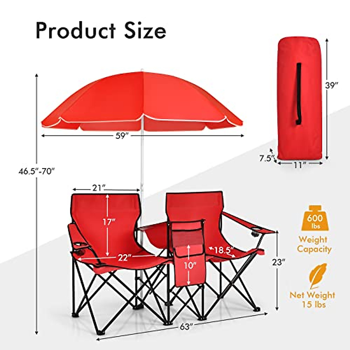 ReunionG Folding Camping Chairs, 60D x 20.5W x 35H Inch, Red