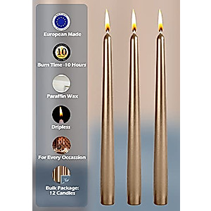Hyoola Tall Metallic Antique Gold Taper Candles - 12 Inch - Dripless - 12 Pack - 10 Hour Burn Time