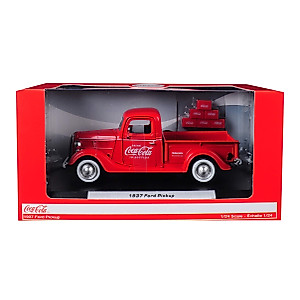 Coca-Cola 1937 Ford Pickup Truck, 6 Bottle Carton Accessories 1/24 Diecast Model Car Motorcity Classics, 7-inch Long, Red, Zinc
