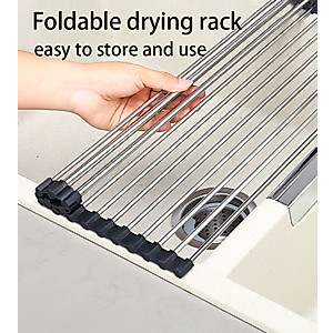 HEREOF Roll Up Dish Drying Rack for Kitchen Counter, Rolling Stainless Steel Sink Drying Mat Foldable Drainer for Kitchen Organization and Storage 17.5x11.8
