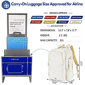 Carry on Backpack for Women, 35L Flight Approved Travel Backpack, Expandable Personal Item Backpack, Water Resistant Lightweight Business College Laptop Daypack Weekender Carry on Bag, Beige