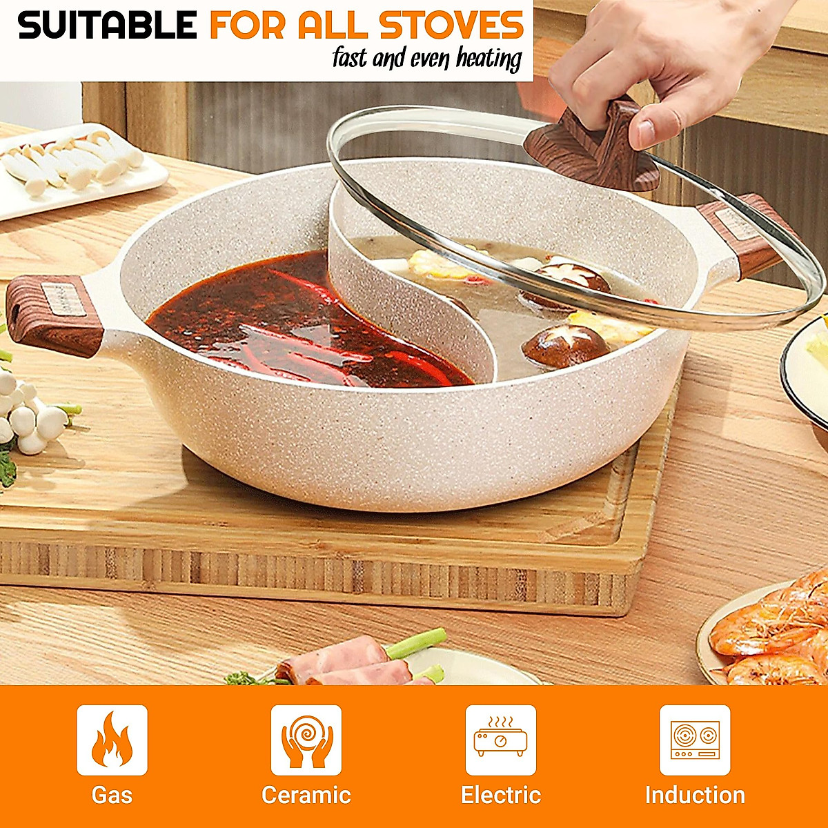 Generic 5-QT Double-flavor Multi-Functional Hot Pot Divider for Dual Broth Cooking - Dual-Sided 12 Inch Shabu Shabu Pot for Electric Induction, Gas Stove, Cooktop, Grill, Large, Beige