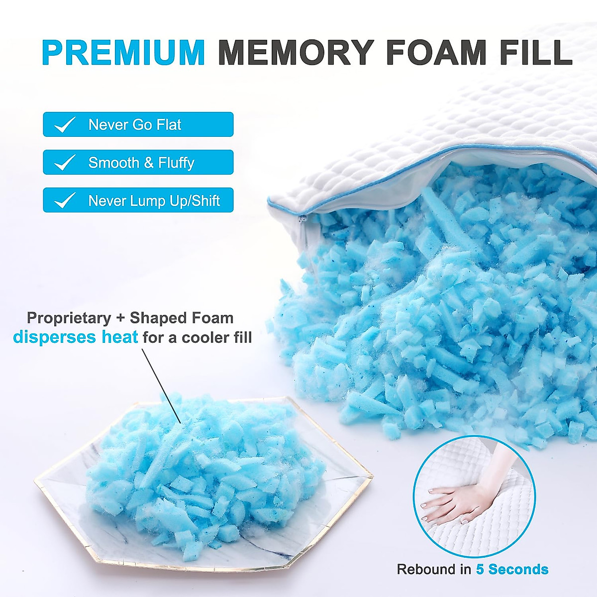 Cooling Bed Pillows Queen Size Set of 2, Shredded Memory Foam Pillows Cool Cold Pillow for Side Back Stomach Sleepers, Gel Pillow Adjustable Firm Pillows Soft Pillows for Sleeping 20x30 Pillow White