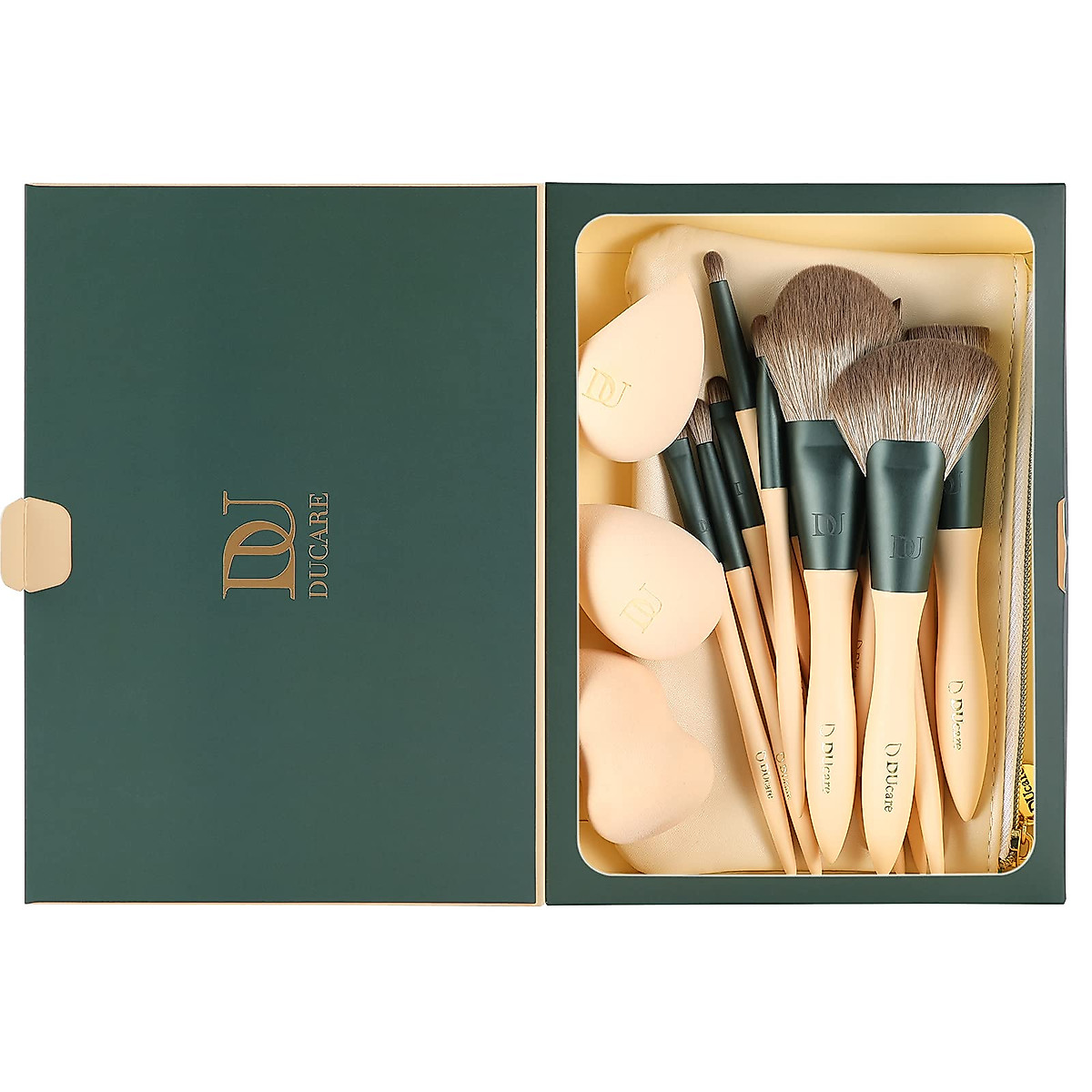 DUcare Makeup Brushes 14Pcs with 3Pcs Makeup Spong & Cosmetic Bag - Lime Mojito Series Christmas Gifts Professional Kabuki Foundation Blending Brush Face Powder Blush Concealers Eye Shadows