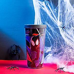 Zak Designs Marvel Spider-Man Across the Spider-Verse Movie Plastic Tumbler with Splash-Proof Lid and Straw, Durable Double-Wall Insulated Travel Cup Fits in Car Drink Holders (16oz, Non-BPA)