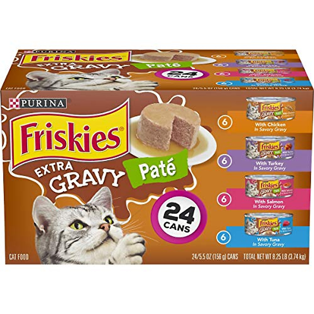 Purina Friskies Pate Wet Cat Food Variety Pack, Extra Gravy Pate Chicken, Turkey, Salmon & Tuna - (24) 5.5 oz. Cans
