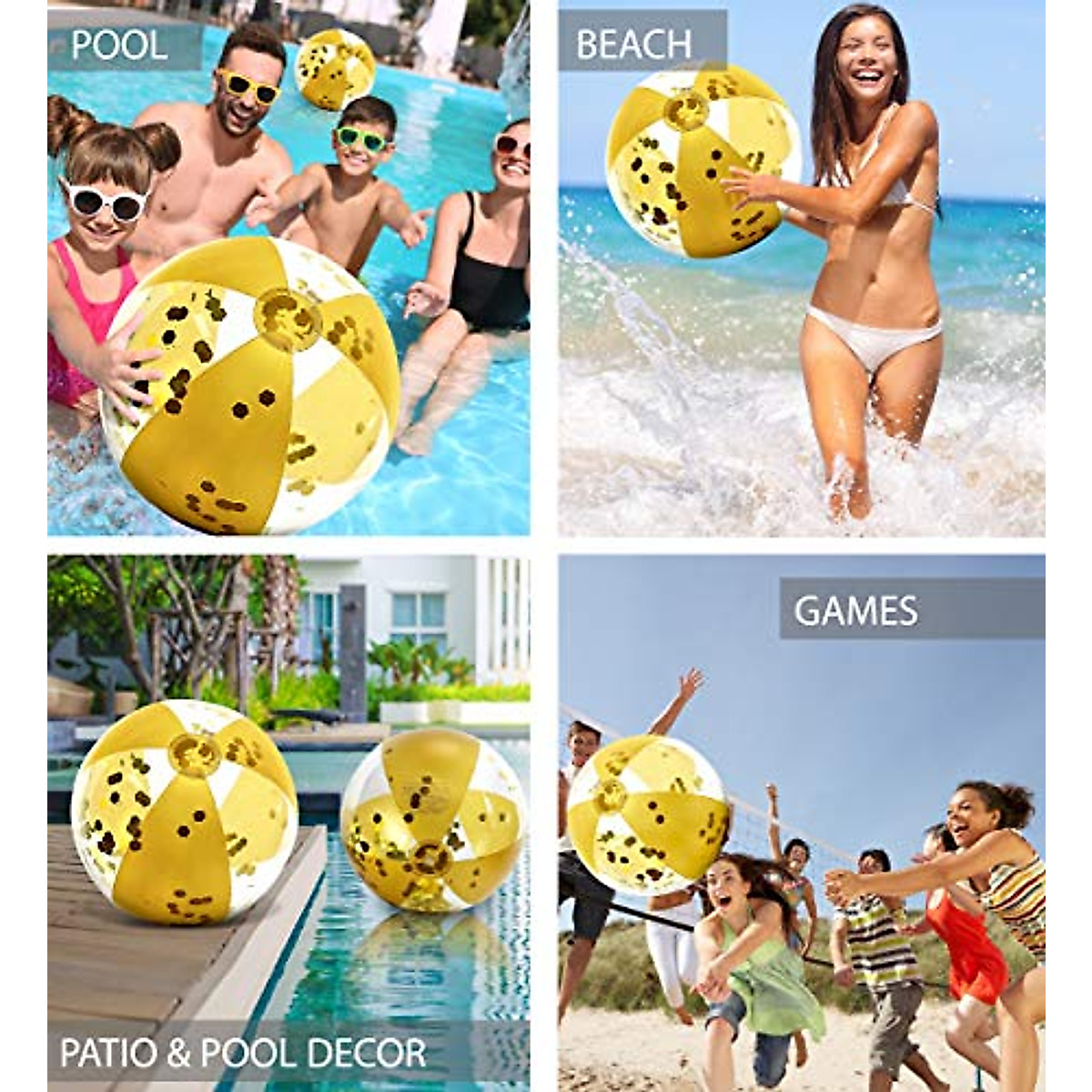 POZA Inflatable Large Beach Ball – Pool Accessory Glitter Confetti 16 Inch Premium Beach Theme Water Sand Toy Favors for Beach Party Decorations Pool Party Supplies Beach Balls – Set of 2 (Gold)