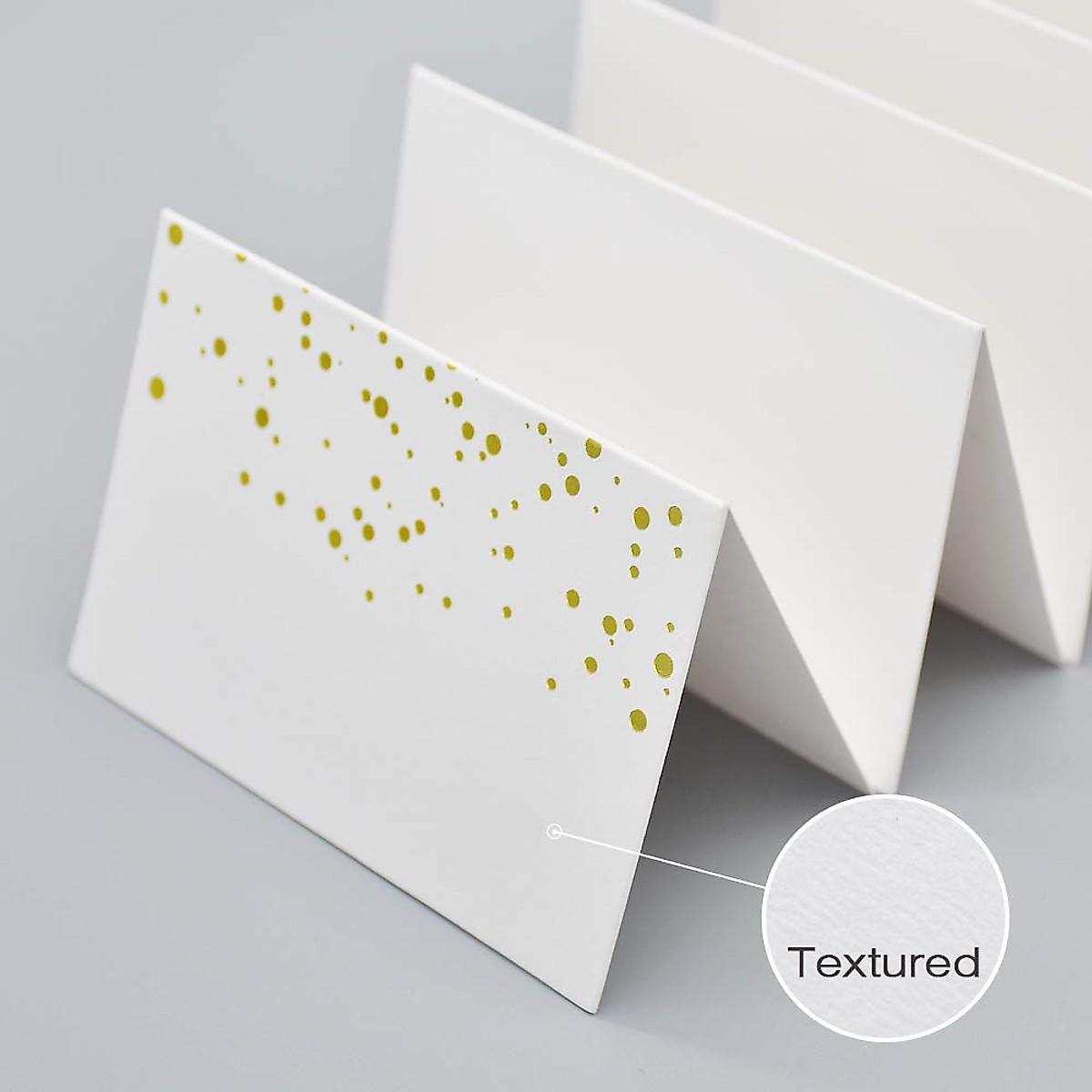AZAZA 50 Pcs Place Cards with Gold Foil Dots - Textured Table Tent Cards Seating Place Cards for Weddings Banquets Dinner Parties 2.5" x 3.75" (Dots - Gold)