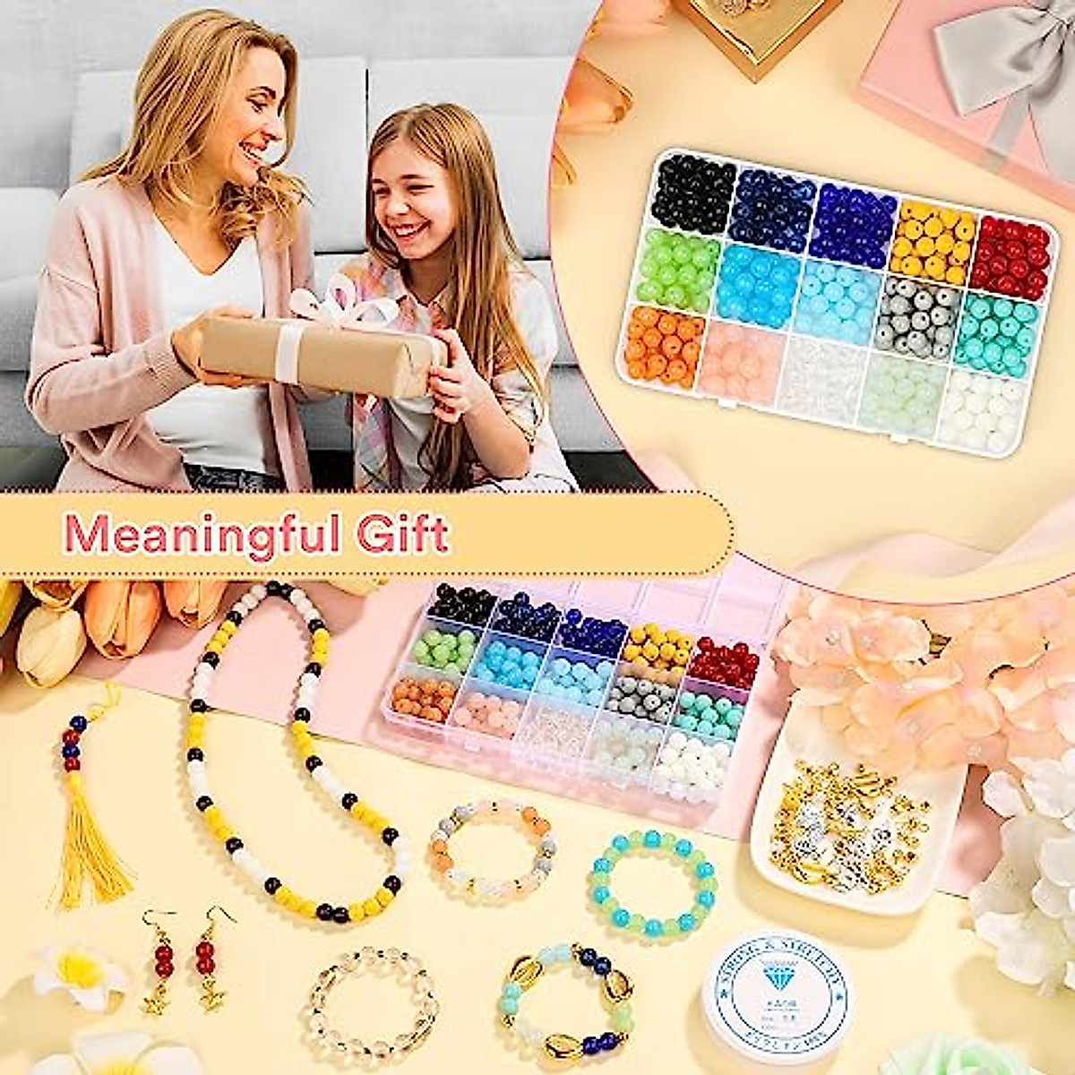 8mm Glass Beads for Jewelry Making, 15 Colors Crystal Round Gemstone Stone Beads, 375 Pcs DIY Craft Bead Bracelet Making Kit with 12 Styles Accessories Spacer Beads for Earrings Necklaces Rings