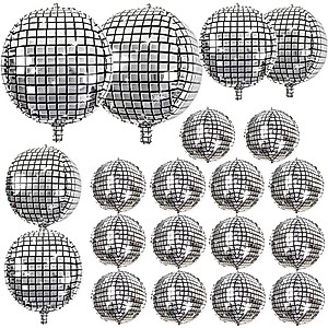 20Pcs Disco Ball Balloons Different Sizes- 4D Large Disco Balloons 32” 22” 10 Inch Assorted Round Metallic Silver Disco Mylar Balloons for 70s 80s Disco Themed Birthday New Year's Party Decor Supplies
