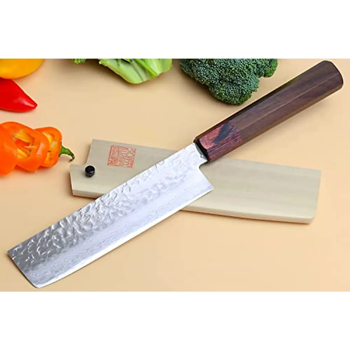 Yoshihiro VG-10 46 Layers Hammered Damascus Nakiri Japanese Vegetable Knife (6.5'' (165mm) Rosewood Handle)