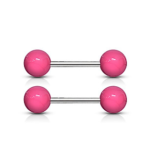 Forbidden Body Jewelry 14 g 16 mm Stainless Steel Nipple or Tongue Ring Barbell Set with Acrylic Balls (Pink)