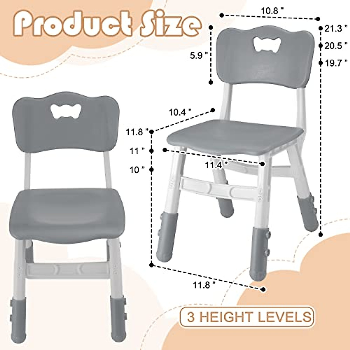 Kigley 2 Pack Adjustable Kid Chairs Plastic Child Seat Set Toddler Chairs Height Kids Chair for Desk Table Kids Study Chair for Boys Girls Home School Classroom (Grey)
