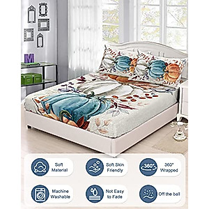 Fall Pumpkin Leaves on Burlap Fitted Bed Sheets Full Size Fit 5-16inch Deep Pockets,Luxury Bottom Sheet Bedding Set with Pillow Case,Thanksgiving Watercolor Plant Fitted Sheet for Mattress