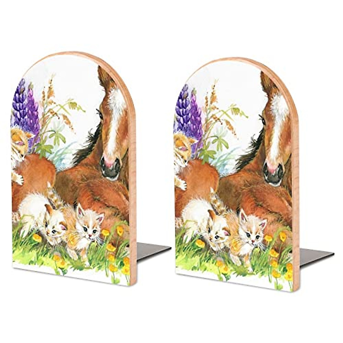 Pack of 2 Bookend White Horse Cat Non-Slip Book Stand Wooden Bookshelf Books Holder for Home Desk Office Library