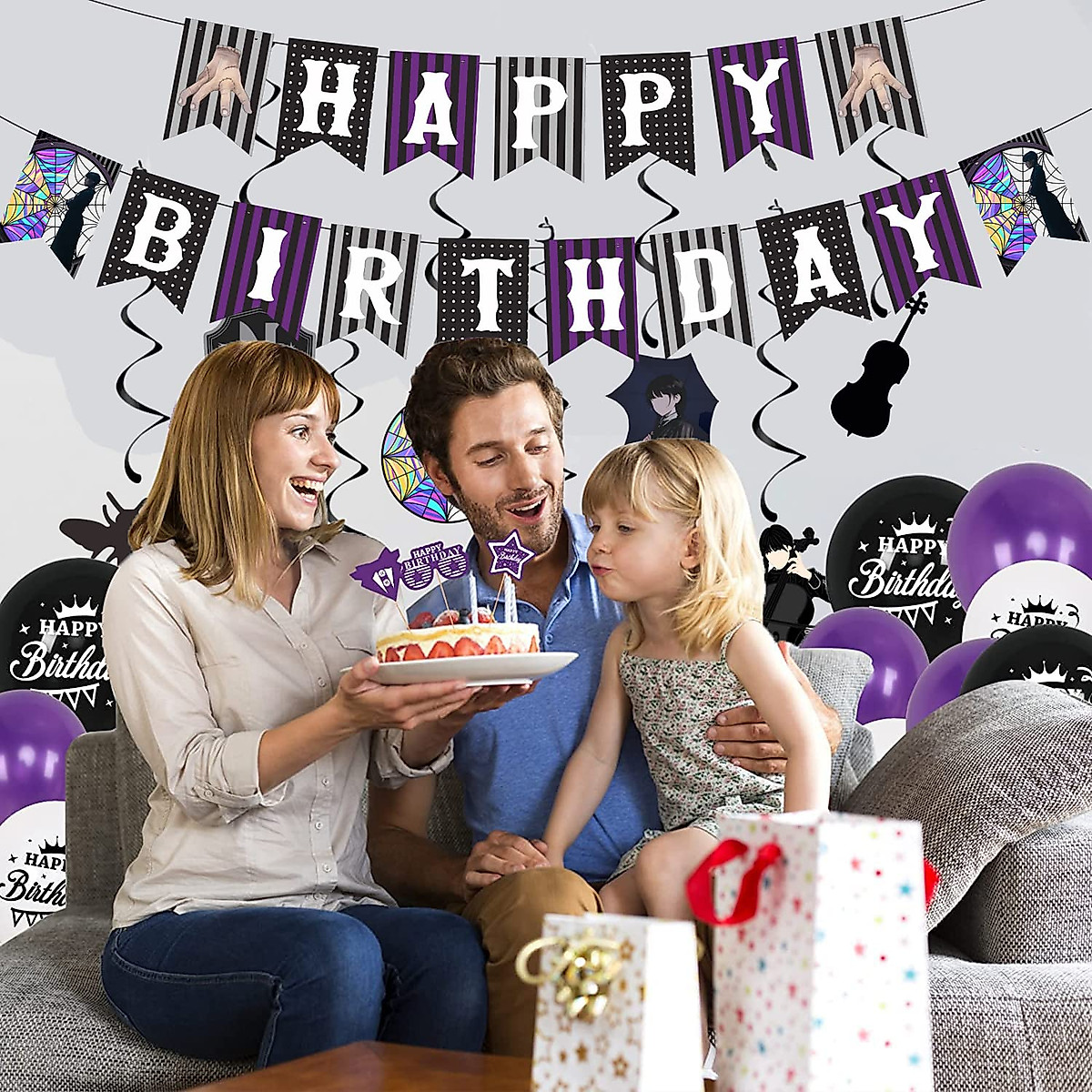 Wednesday Birthday Decorations Wednesday Happy Birthday Banner with Hanging Swirls Black and Purple for Kids Birthday Party Decorations Gothic Birthday Banner for Wednesday Party Supplies
