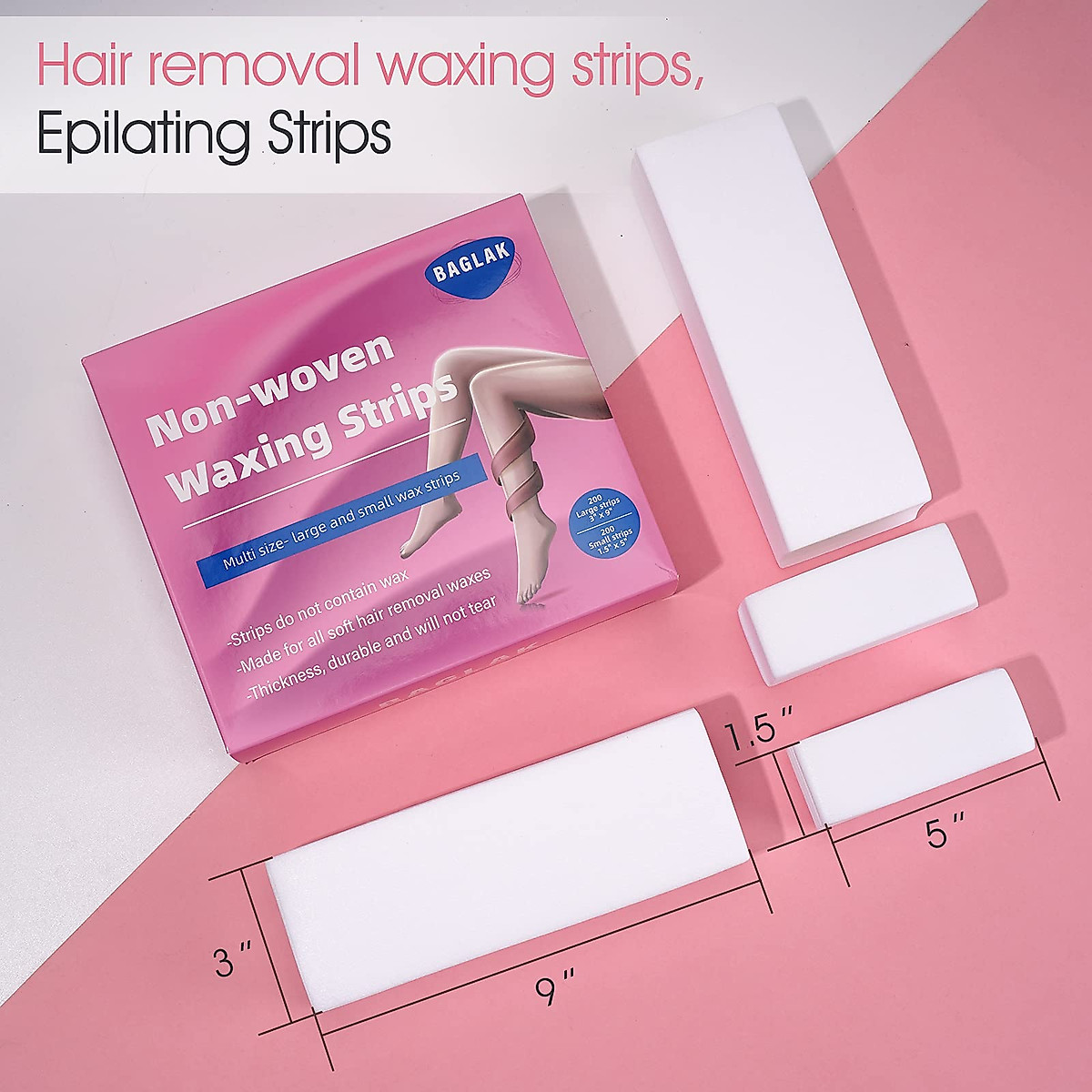 BAGLAK 400Pcs Non-Woven Wax Strip Multi Size Pack, (2 Sizes) Hair Removal Wax Strips,Waxing Strips for Facial & Body & Leg,(3" x 9") (1.5" x 5")