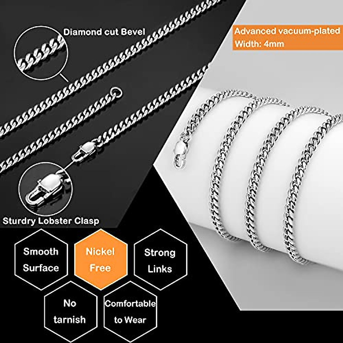 Jewlpire Diamond Cut Miami Cuban Link Chain for Men, Boys Women, Silver Hip-Hop & Cool Necklace, 316L Stainless Steel, 4mm Width, 20 Inch