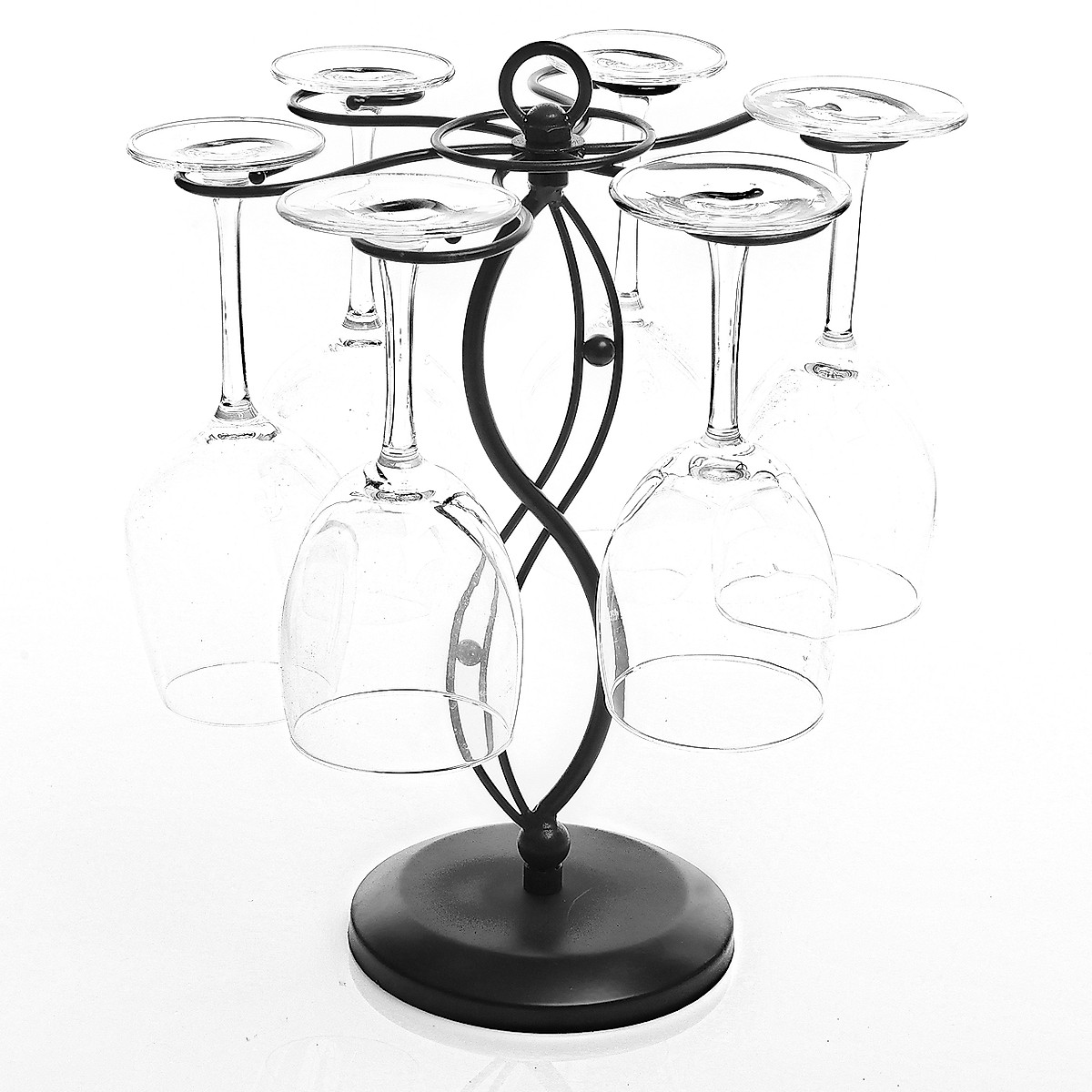 MyGift Black Metal Countertop Wine Glass Holder with Scrollwork Design, Freestanding Tabletop Stemware Storage Rack with 6 Hooks