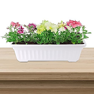 JOIKIT 6 Packs 17 Inch White Plastic Flower Window Boxes Planters with Drainage Holes & Tray, Rectangular Long Vegetable Flower Windowsill Box Planter Pot with Plant Label for Garden Patio Balcony