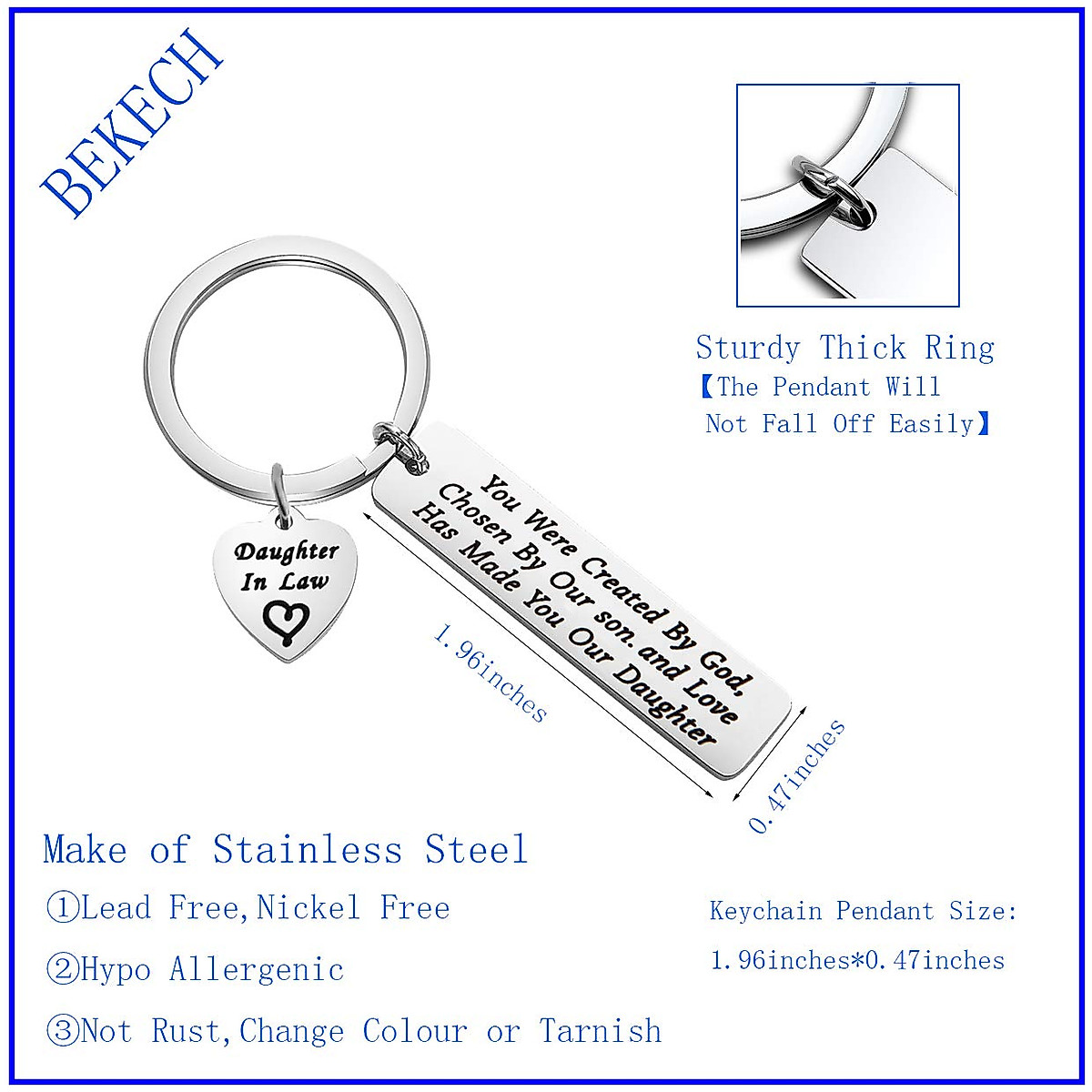 BEKECH Daughter-in-Law Gift Bonus Daughter In law Keychain Wedding Gift Jewelry from Mother-in Law You Were Created by God Chosen by Our Son and Love Has Made You Our Daughter (silver)