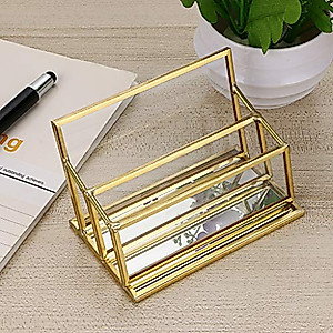 Hipiwe 2 Slots Glass Business Card Holder Stand - Gold Metal Frame Name Card Display Stand Business Name Card Organizer for Office Tabletop,Fits 80-100 Business Cards