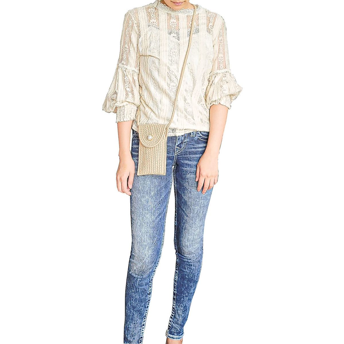 Woven Rattan Hand Crochet Crossbody Fabric bag (Cell Phone, Card Pocket) (Black)