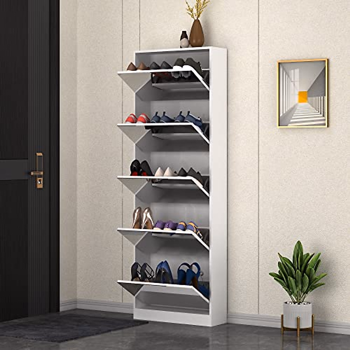 Organizedlife Mirror Shoe Cabinet, Wooden Shoe Organizer with 5 Tier, Full Length Mirror Shoe Rack,Shoe Cabinet for Entryway